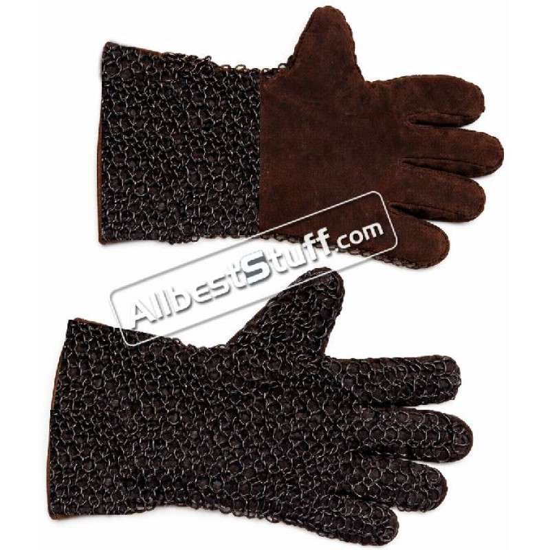 Flat Riveted Solid Ring Leather Chain Mail Gloves